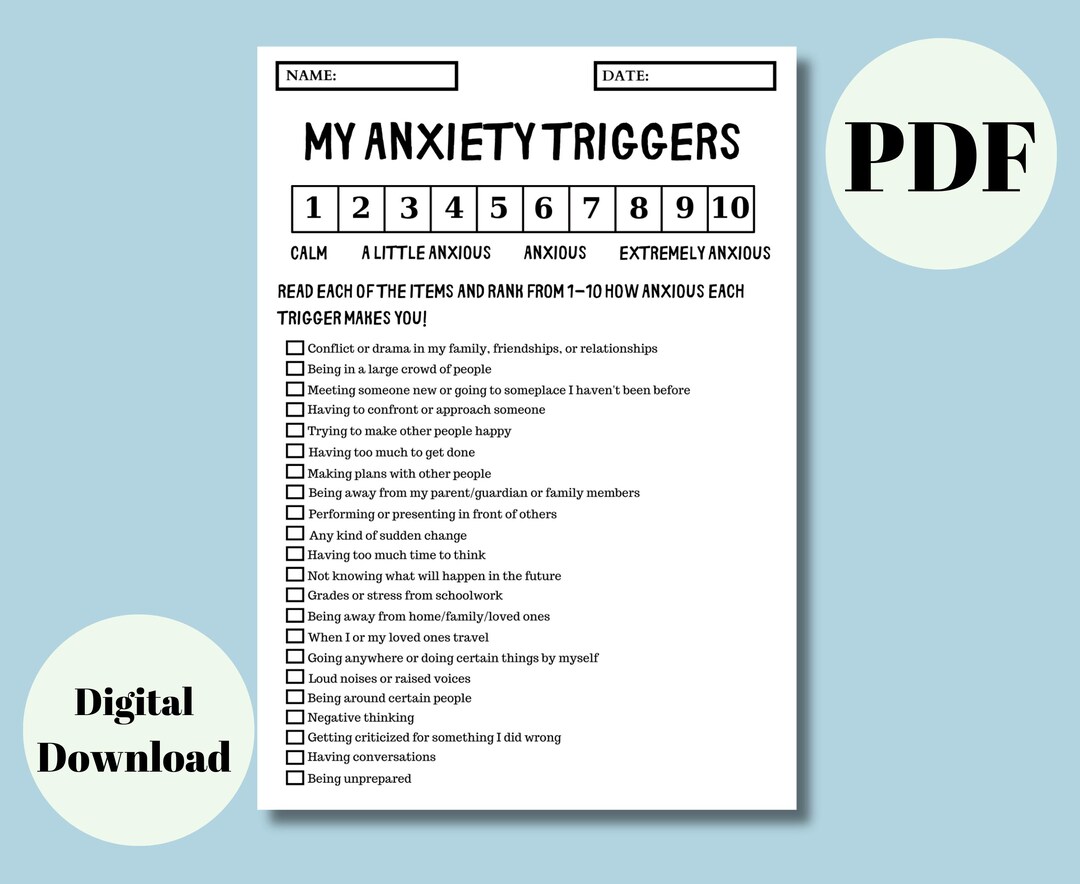 Anxiety Triggers Tracker Mental Health Worksheet Instant Digital ...