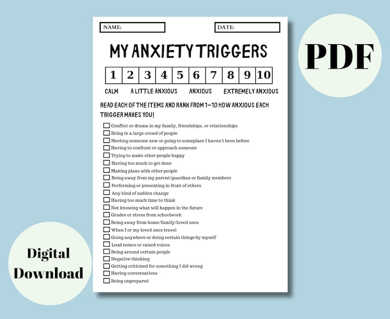 Anxiety Triggers Tracker Mental Health Worksheet Instant Digital ...