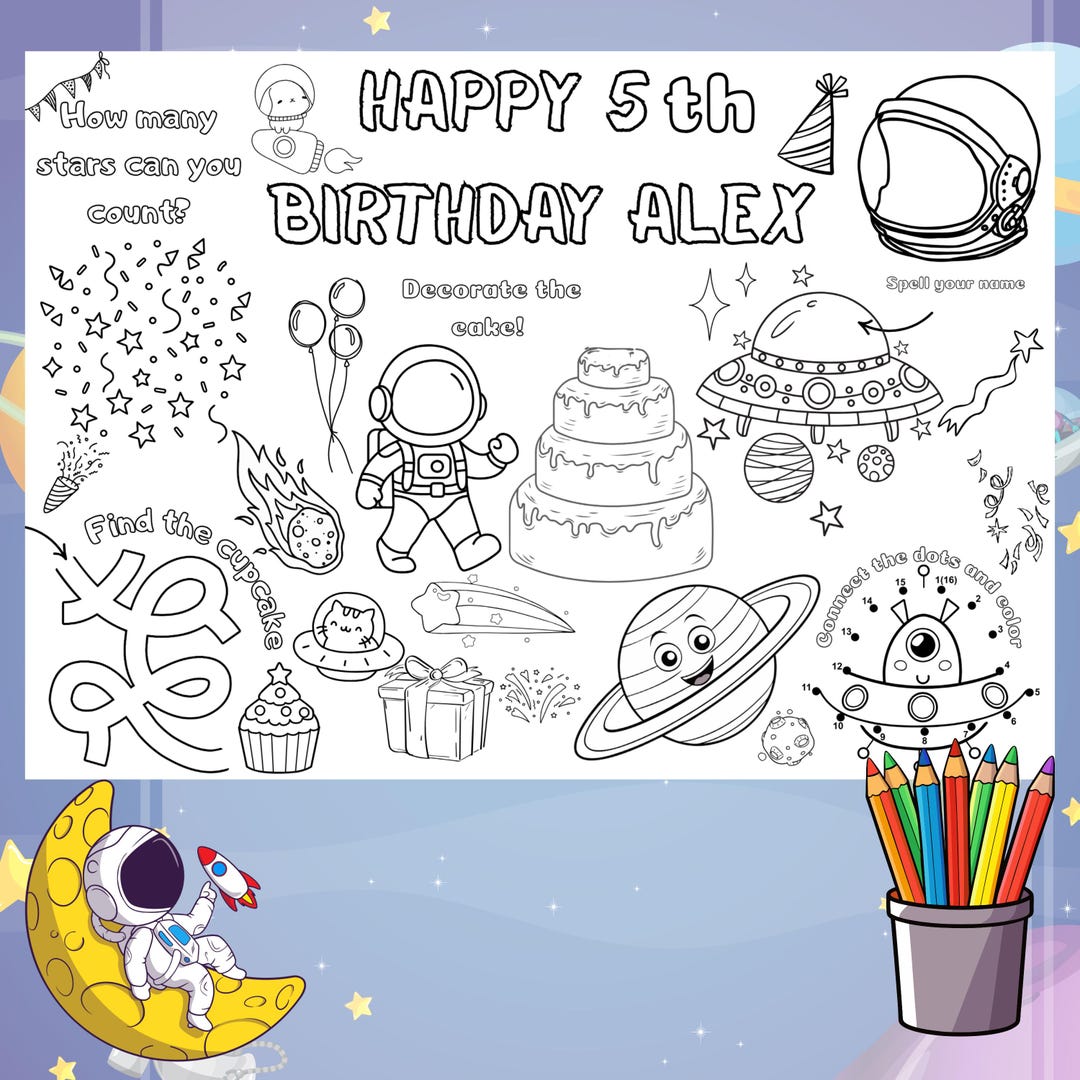 Space Astronaut Birthday Coloring Placemat Kids Personalized Party ...