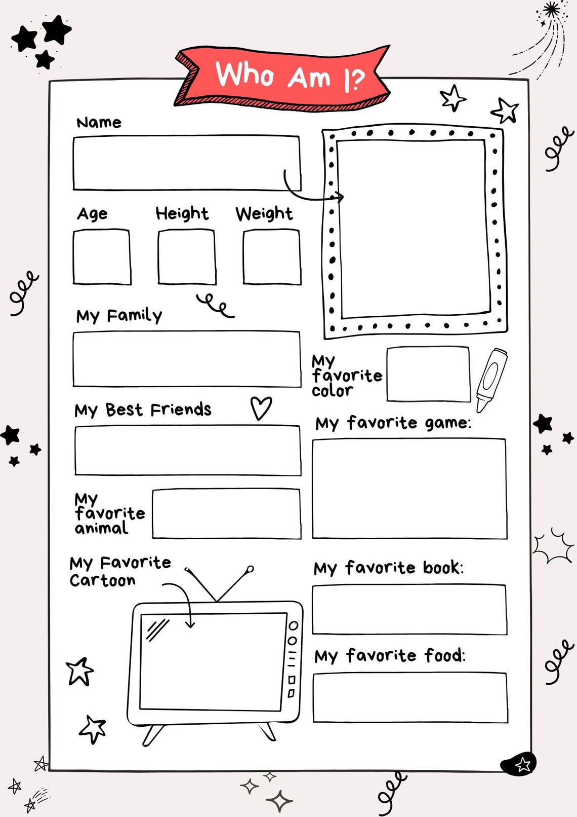 All About Me Printable Kids Template Favorite Things Ice Breaker ...