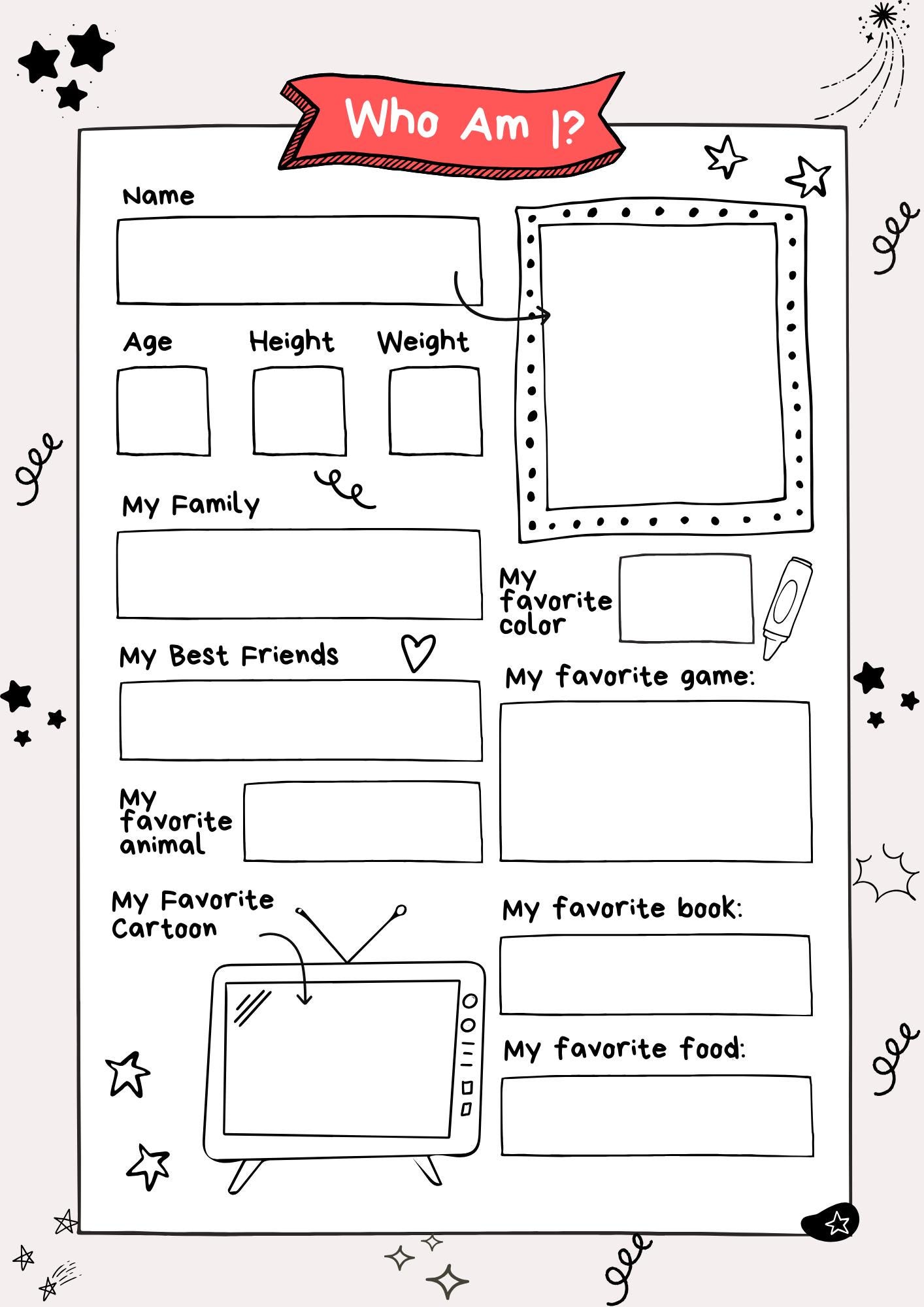 All About Me Printable Kids Template Favorite Things Ice Breaker ...
