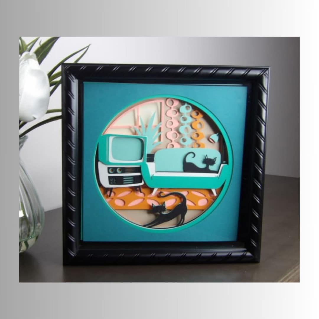 Shadow Box Art, Mid Century Modern 3D Boho Kitty's Retro Living Room ...