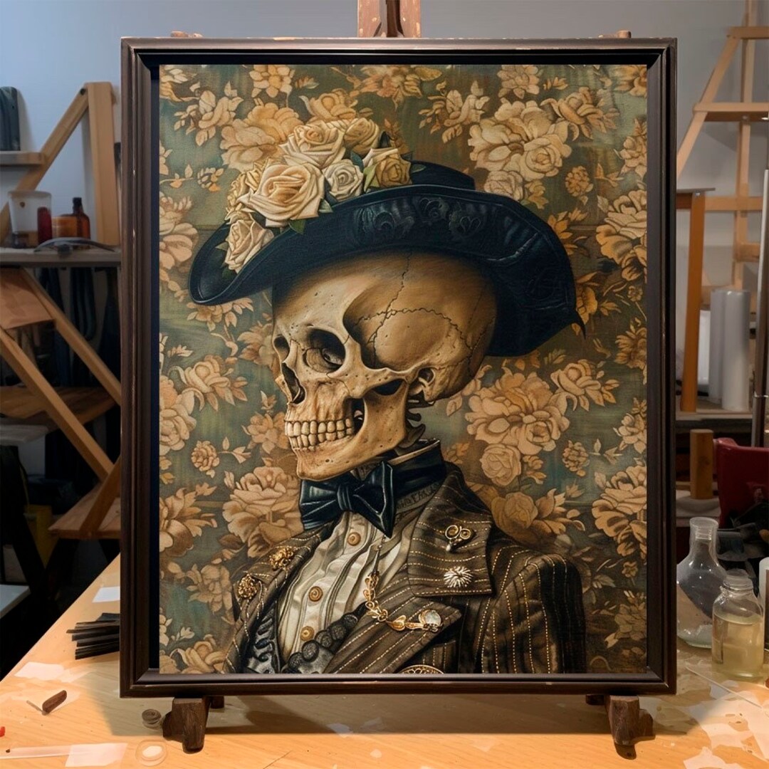 Skeleton With Flowers , Gothic Art Prints, Spooky Art, Halloween Decor ...