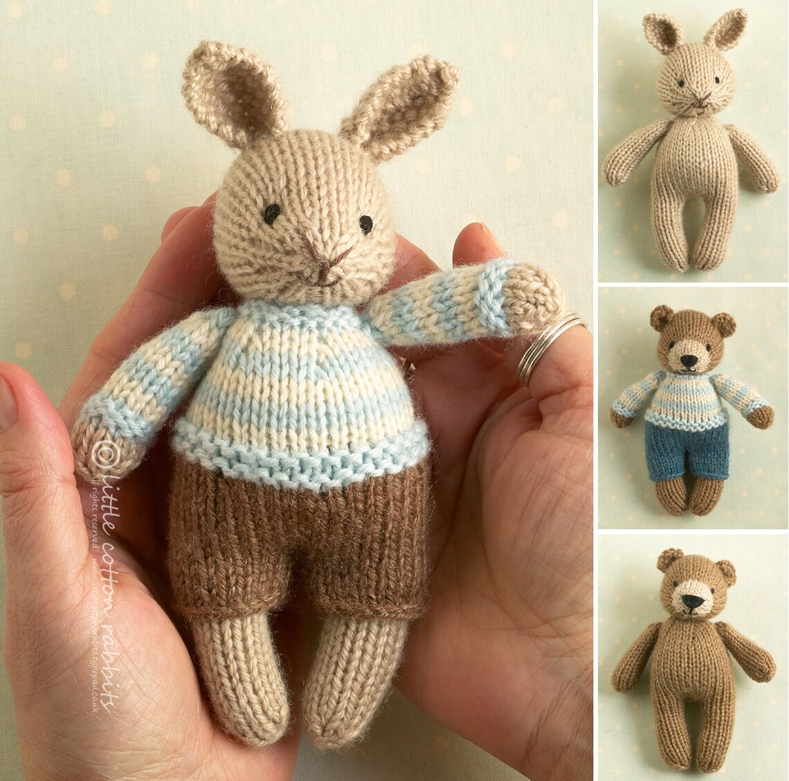 Toy knitting pattern for a mini bunny and bear in shorts and a - Etsy ...