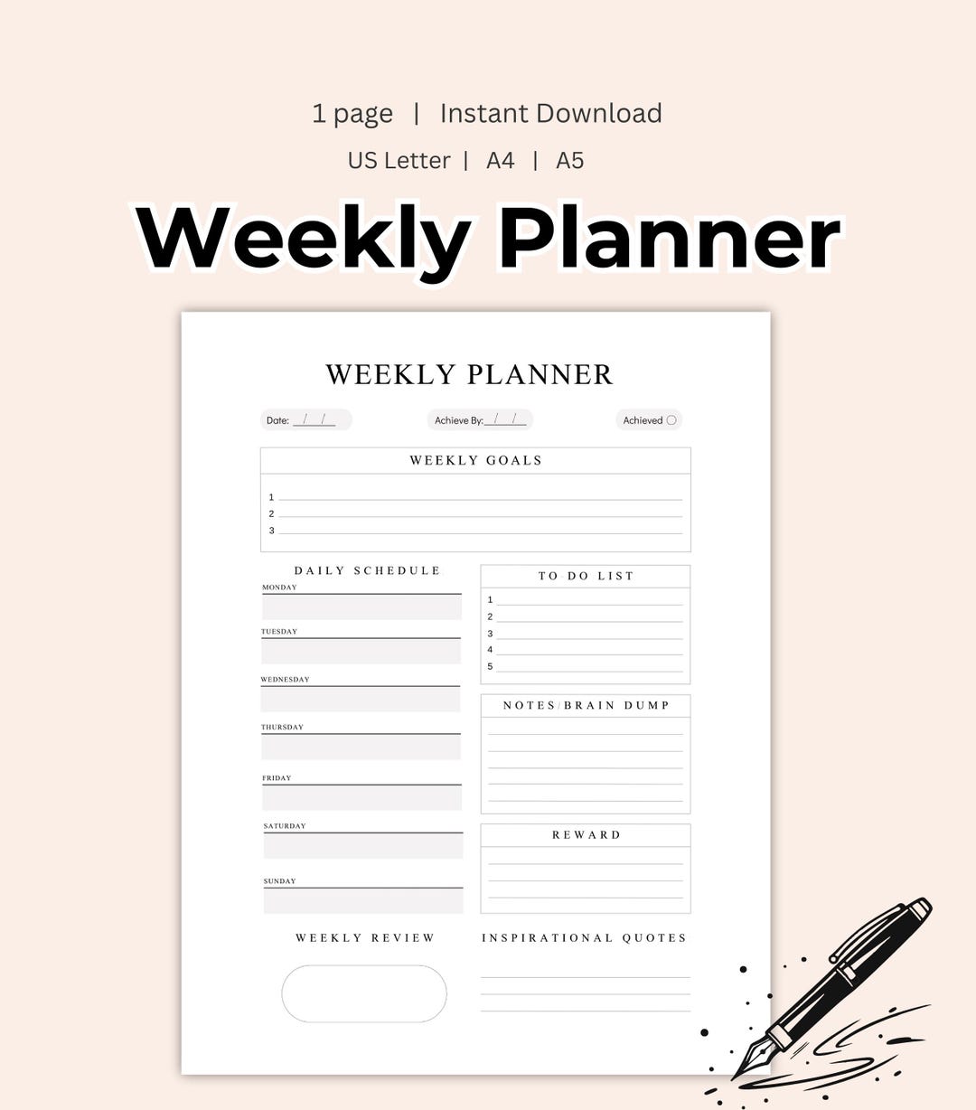 Printable Weekly Journal Planner, Organizer Pages, Digital Weekly ...