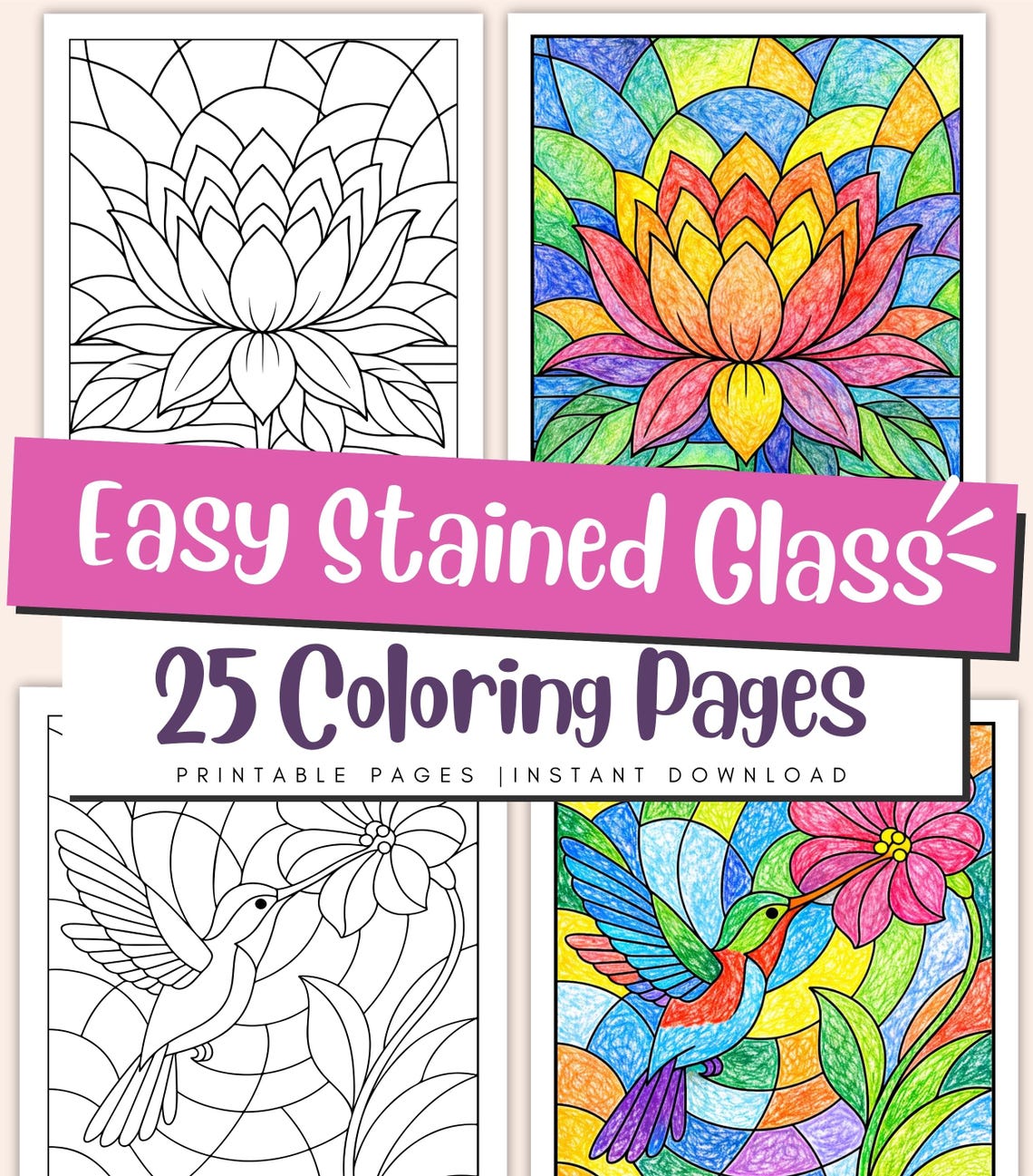Easy Stained Glass Coloring Pages for Adults & Kids – Simple Color-by ...