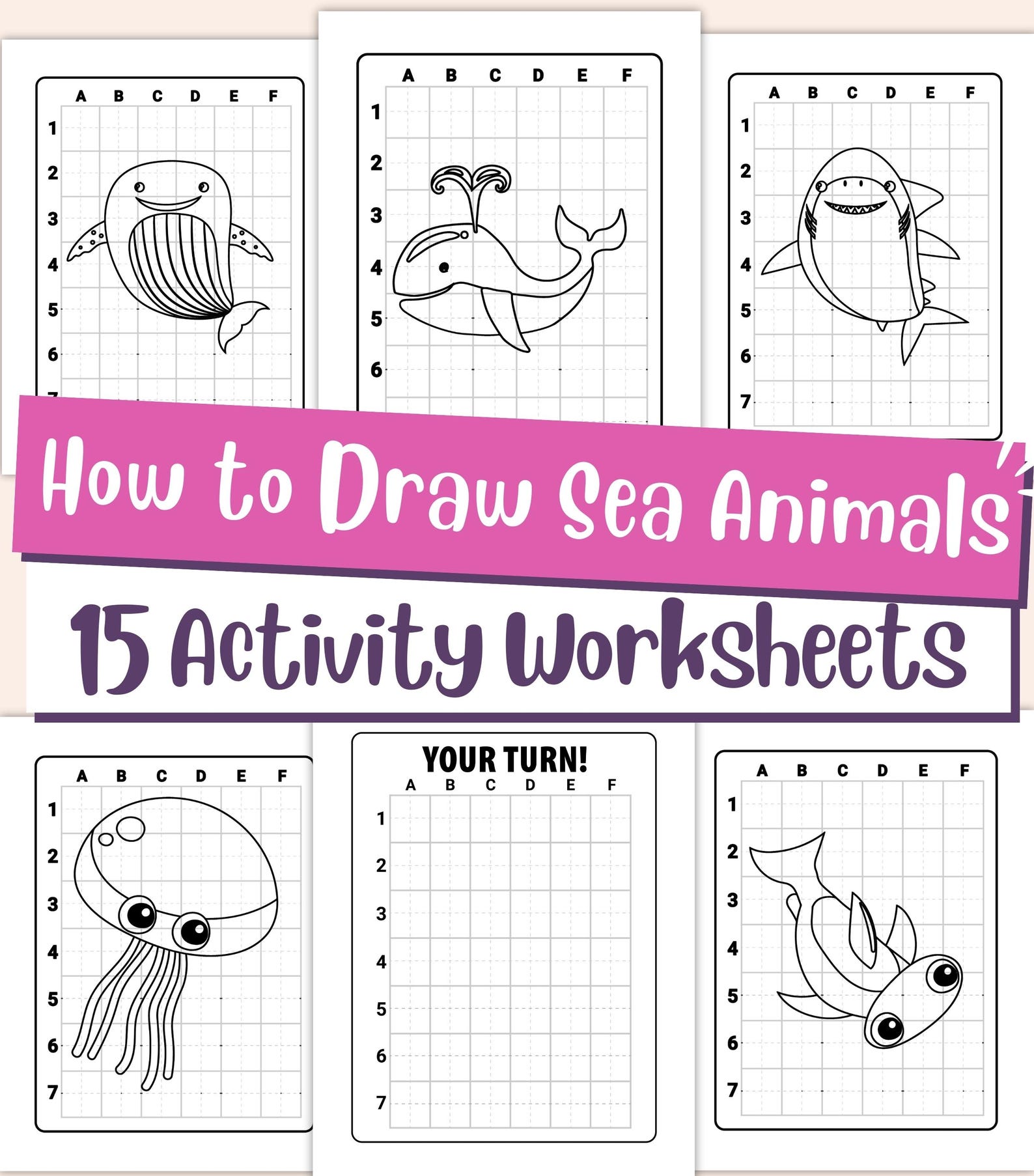 Sea Animals Drawing Worksheets for Kids – Step by Step Ocean Animal Art ...