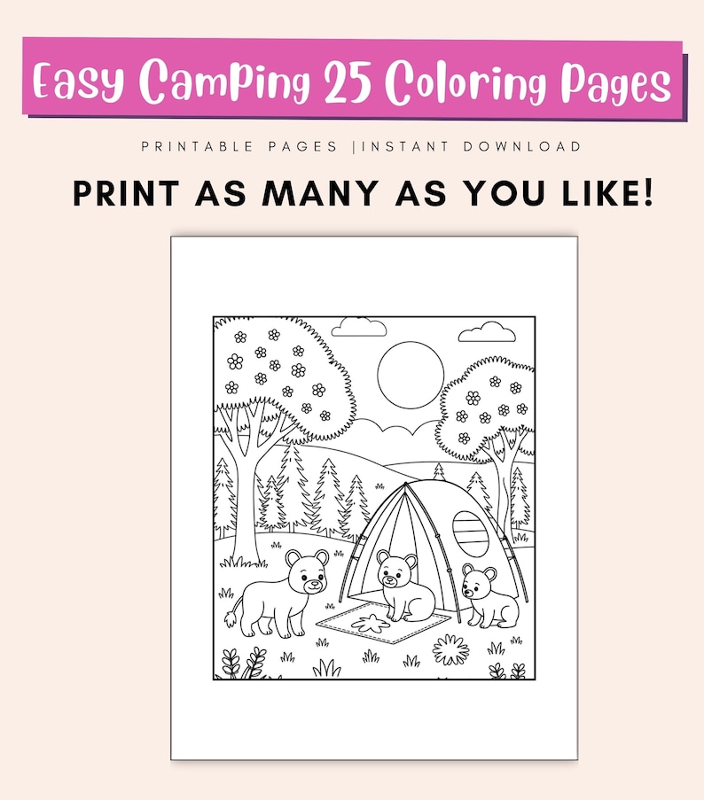Easy Camping Coloring Pages for Kids, Cute Camp Coloring Book, Kids ...