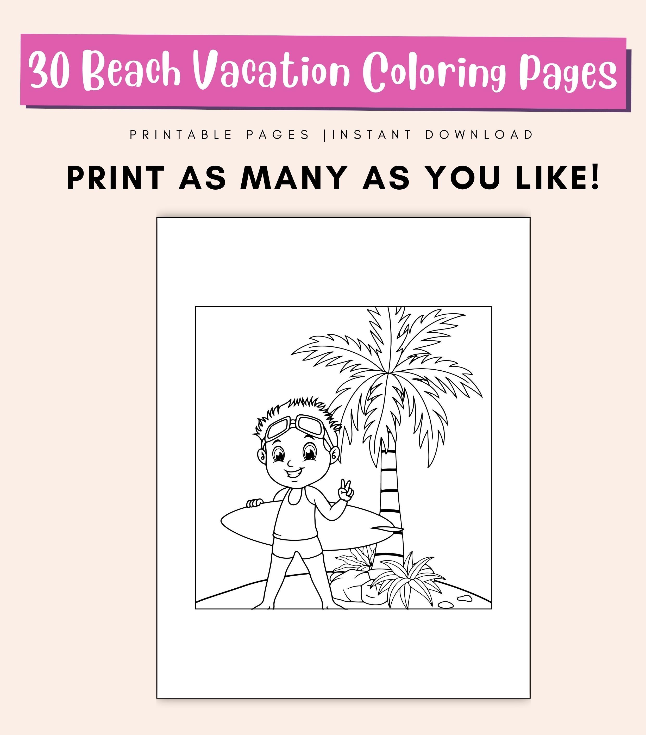 Beach Vacation Coloring Pages for Kids, Summer Vacation Coloring Book ...