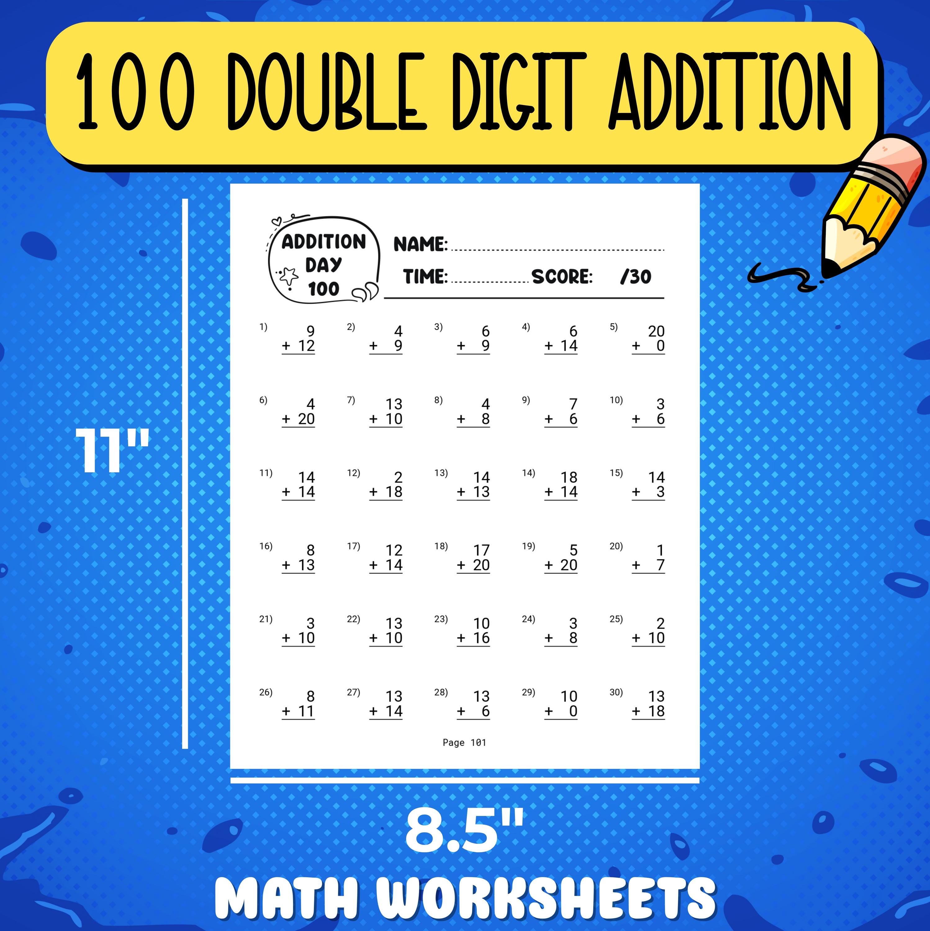 Double Digit Addition Worksheets for Kids:100 Days Math Practice for ...