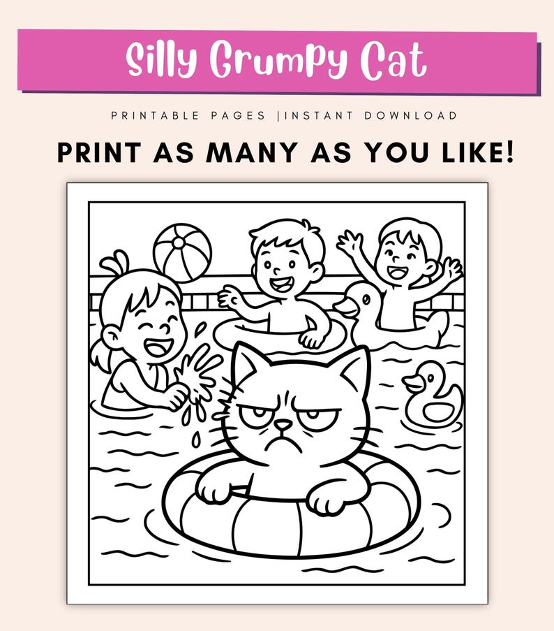 Silly Grumpy Cat Coloring Pages for Kids – Unlucky Kitty Art, Funny Pet ...
