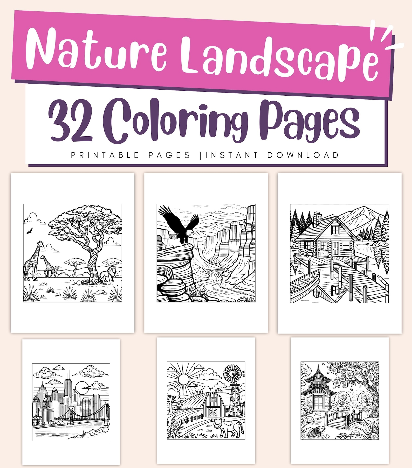 Landscape Coloring Pages for Kids – Mountain & Forest Nature Scenes ...
