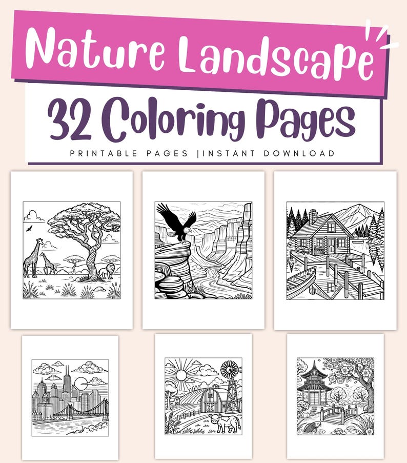 Landscape Coloring Pages for Kids – Mountain & Forest Nature Scenes ...
