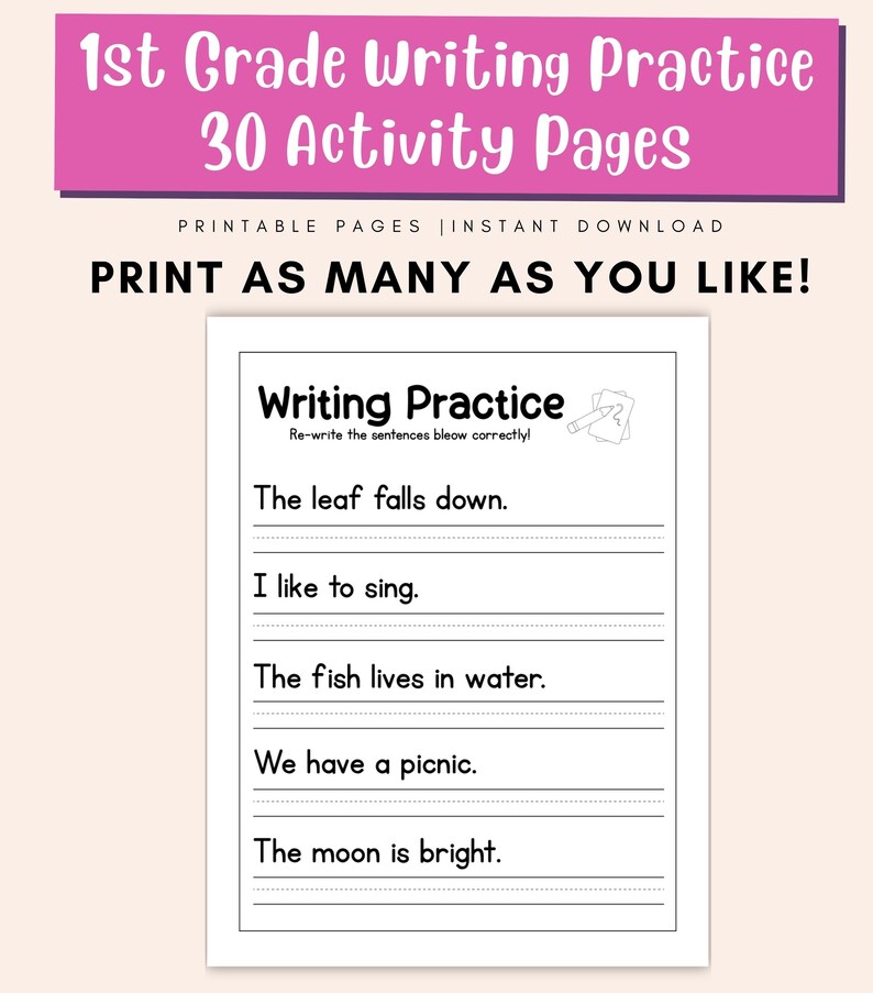1st Grade Writing Practice Worksheets – Printable Handwriting, Sentence ...