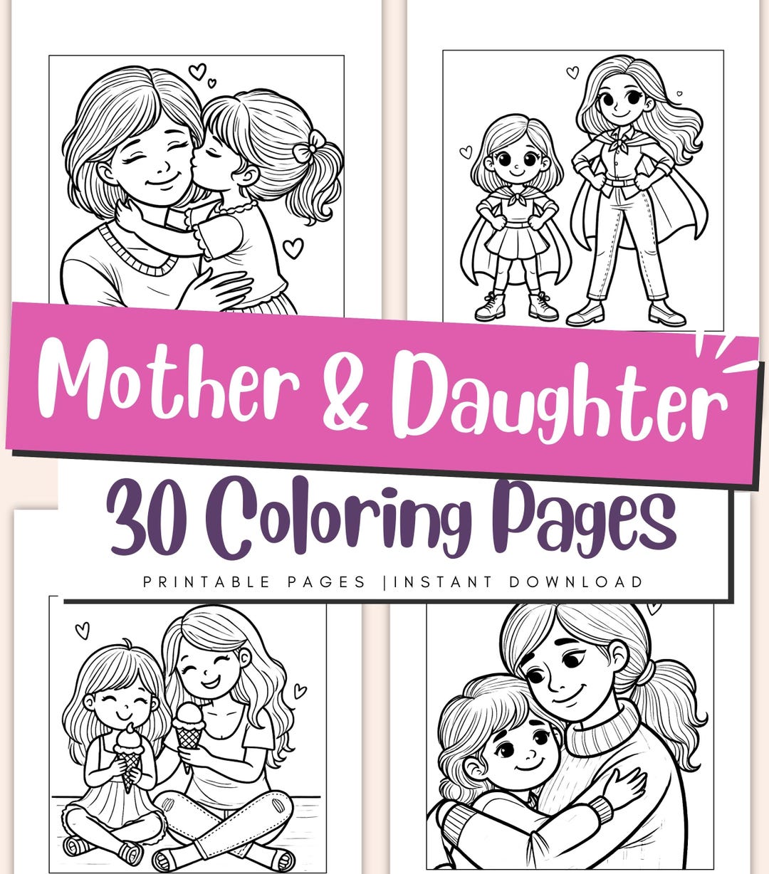 Mother & Daughter Coloring Pages for Kids – Mommy, Me Printable, Girl ...