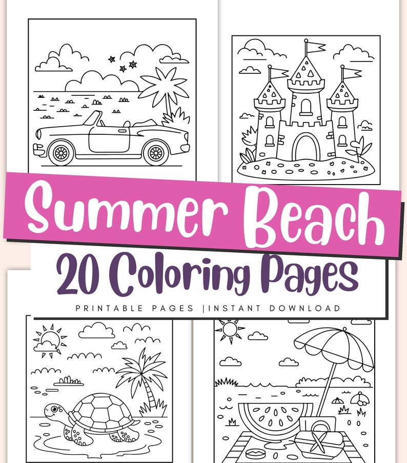 Summer Beach Coloring Pages for Kids - Summer Picnic, Sandcastles, Sun ...