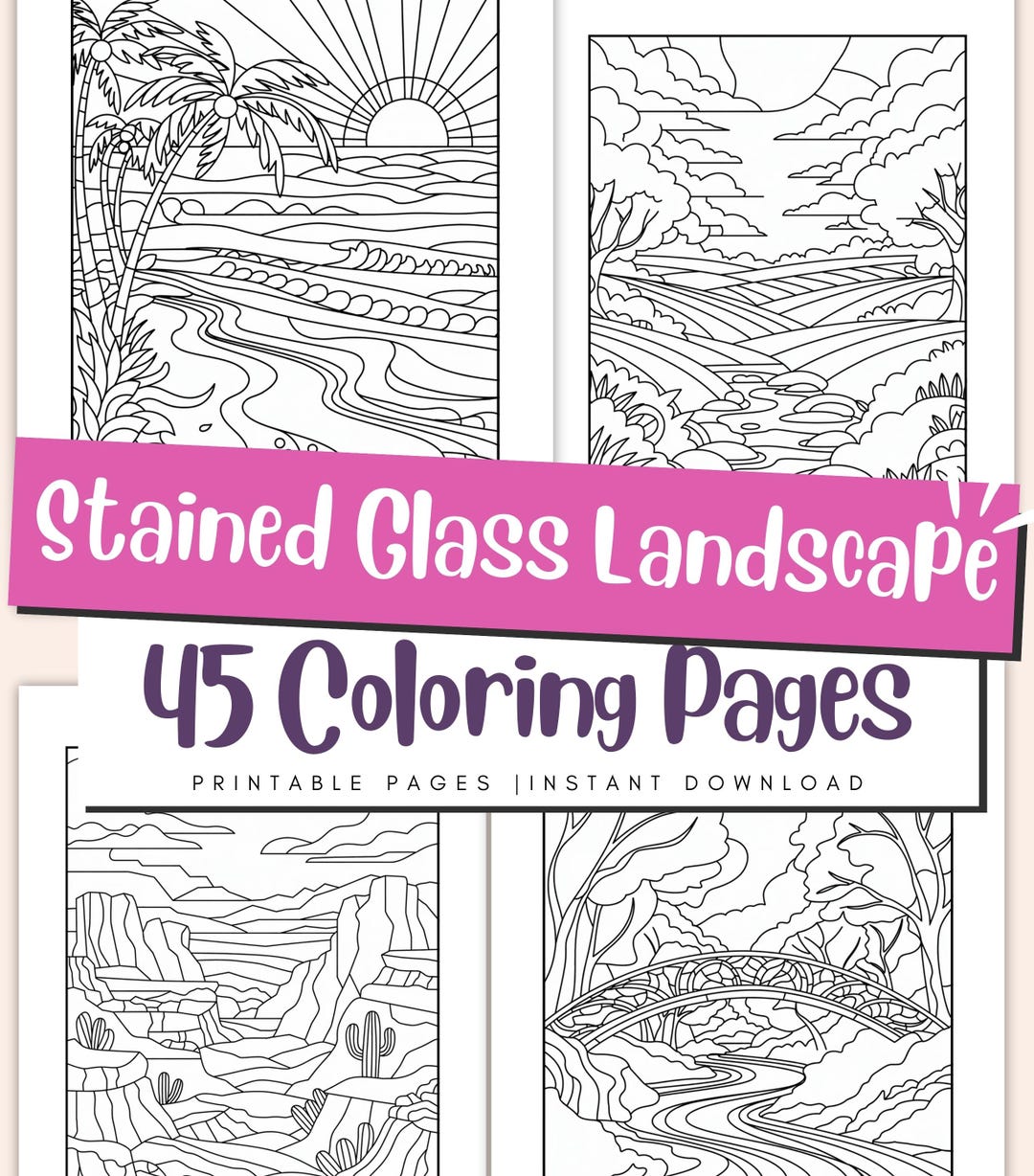 Stained Glass Landscape Coloring Pages for Kids & Adults: Printable ...