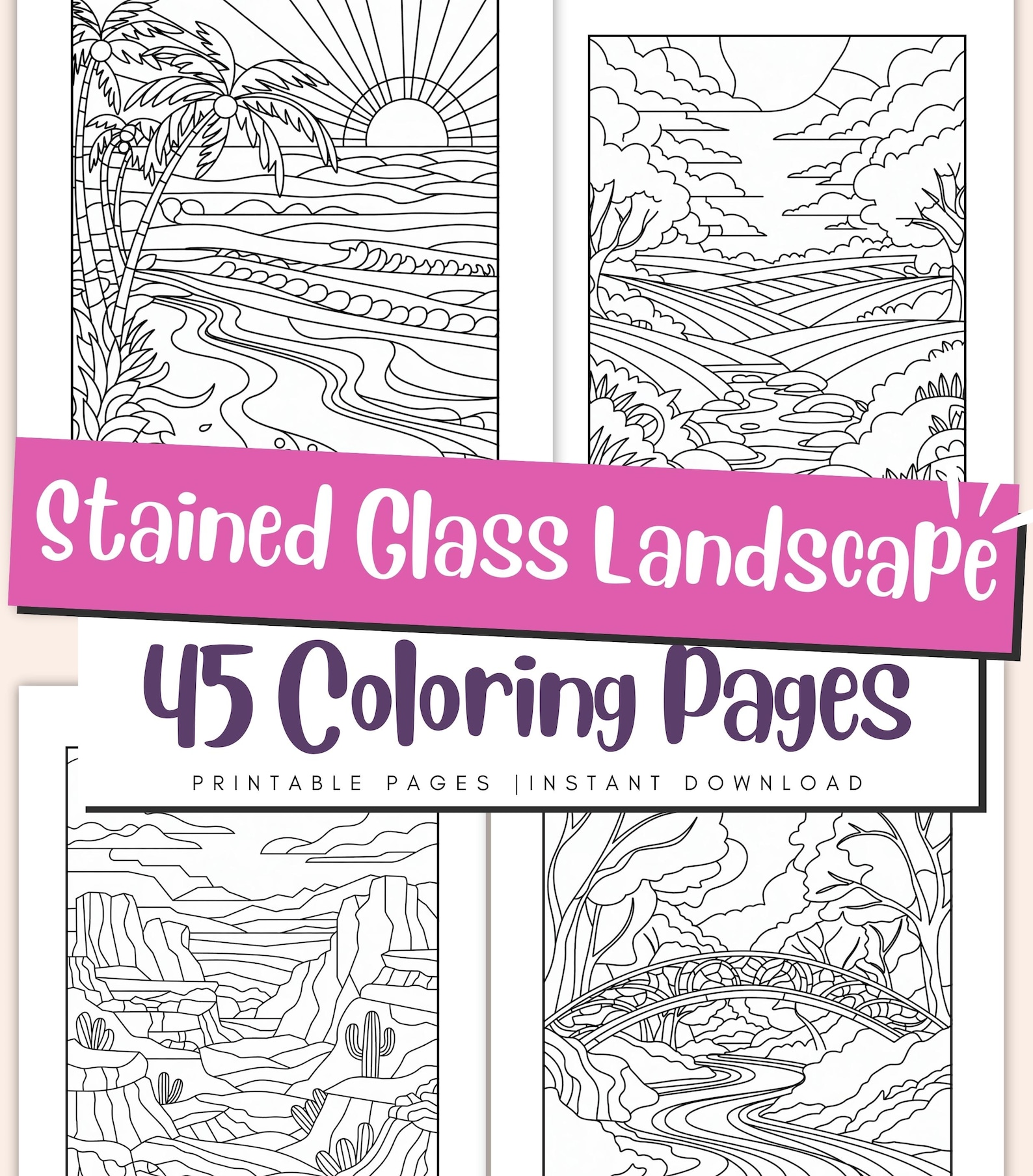 Stained Glass Landscape Coloring Pages for Kids & Adults: Printable ...
