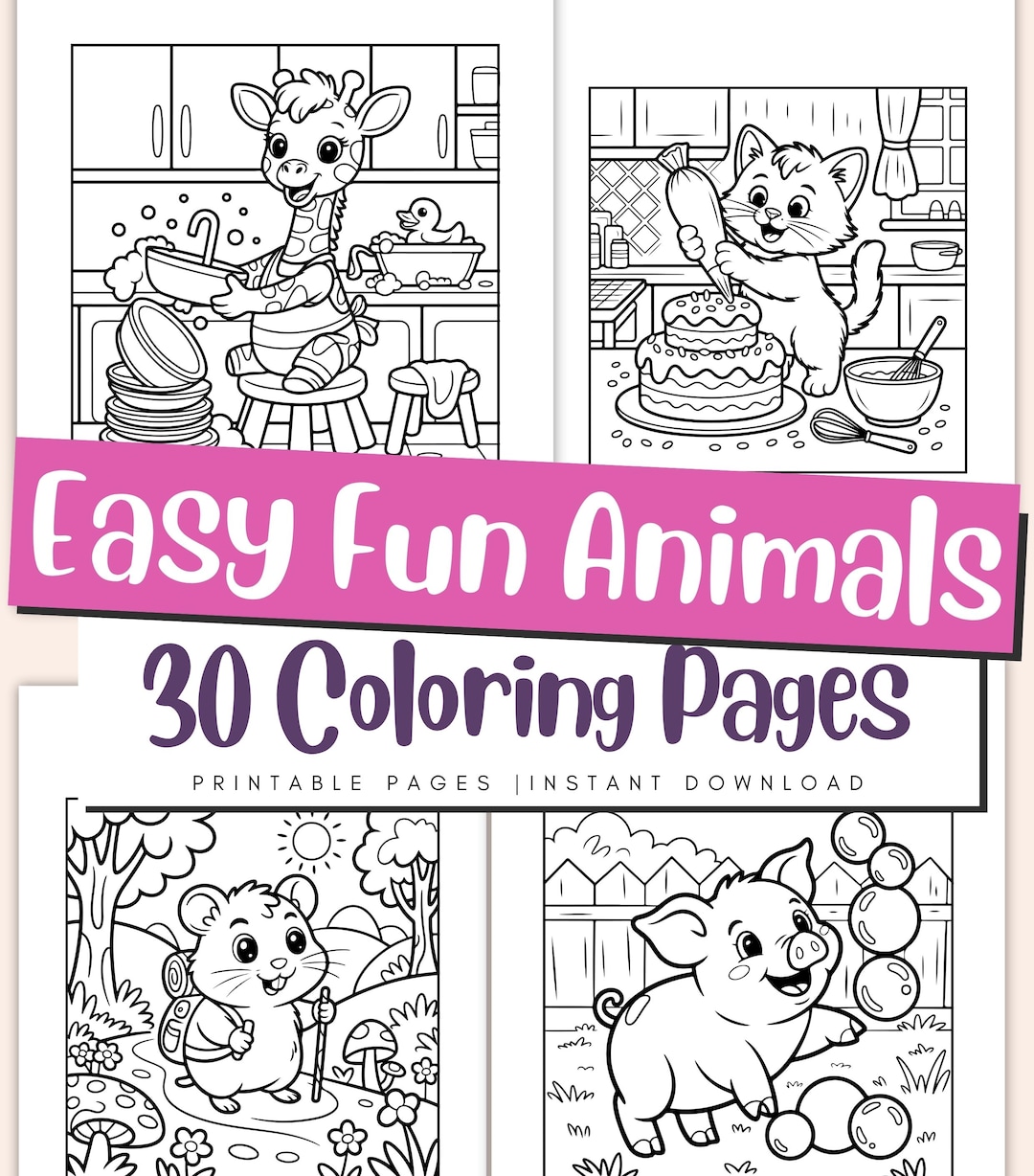 Fun Animals Coloring Pages for Kids – Playful Animal Scenes, Easy Child ...