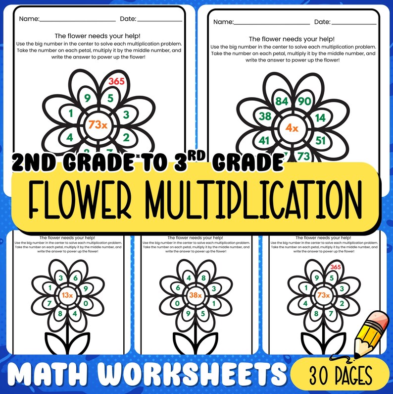 2nd & 3rd Grade Multiplication Worksheets – Flower Puzzle 1-digit × 2 ...
