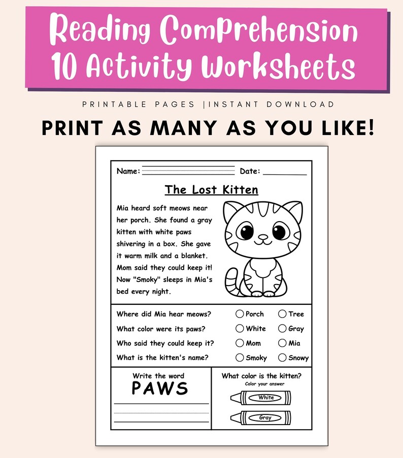 Reading Comprehension for Kids, Printable Kindergarten Activity ...