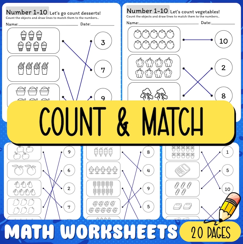 Count and Match Numbers Worksheets for Preschool & Kindergarten ...