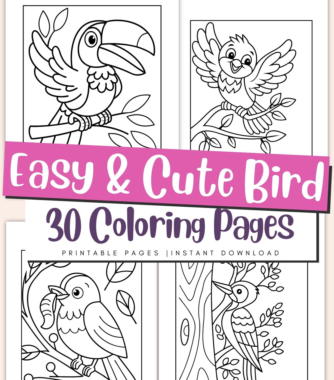 Easy Birds Coloring Pages for Kids, Easy Animals Coloring Book, Cute ...
