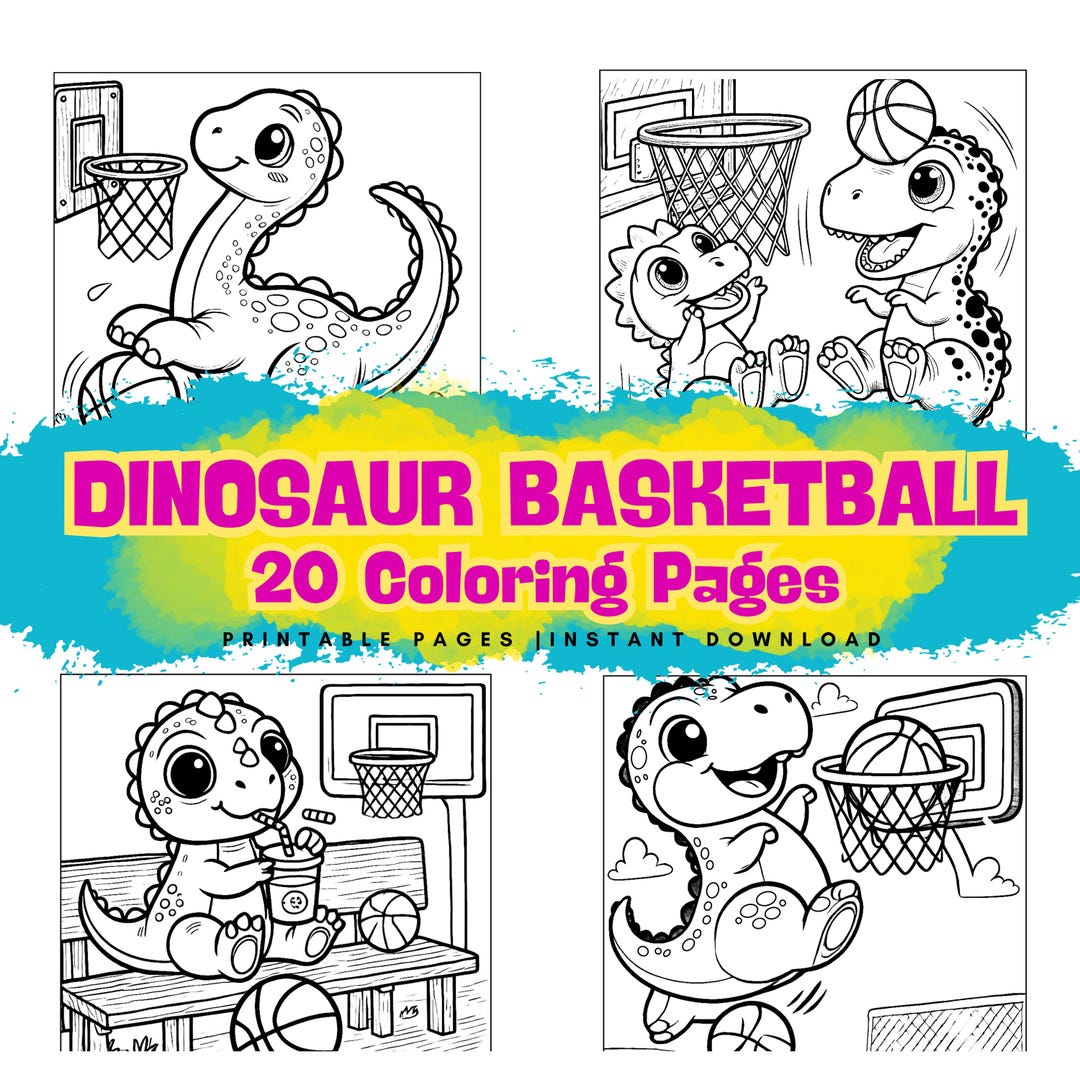 Cute Dinosaur Basketball Coloring Pages for Kids, Dinosaur Birthday ...