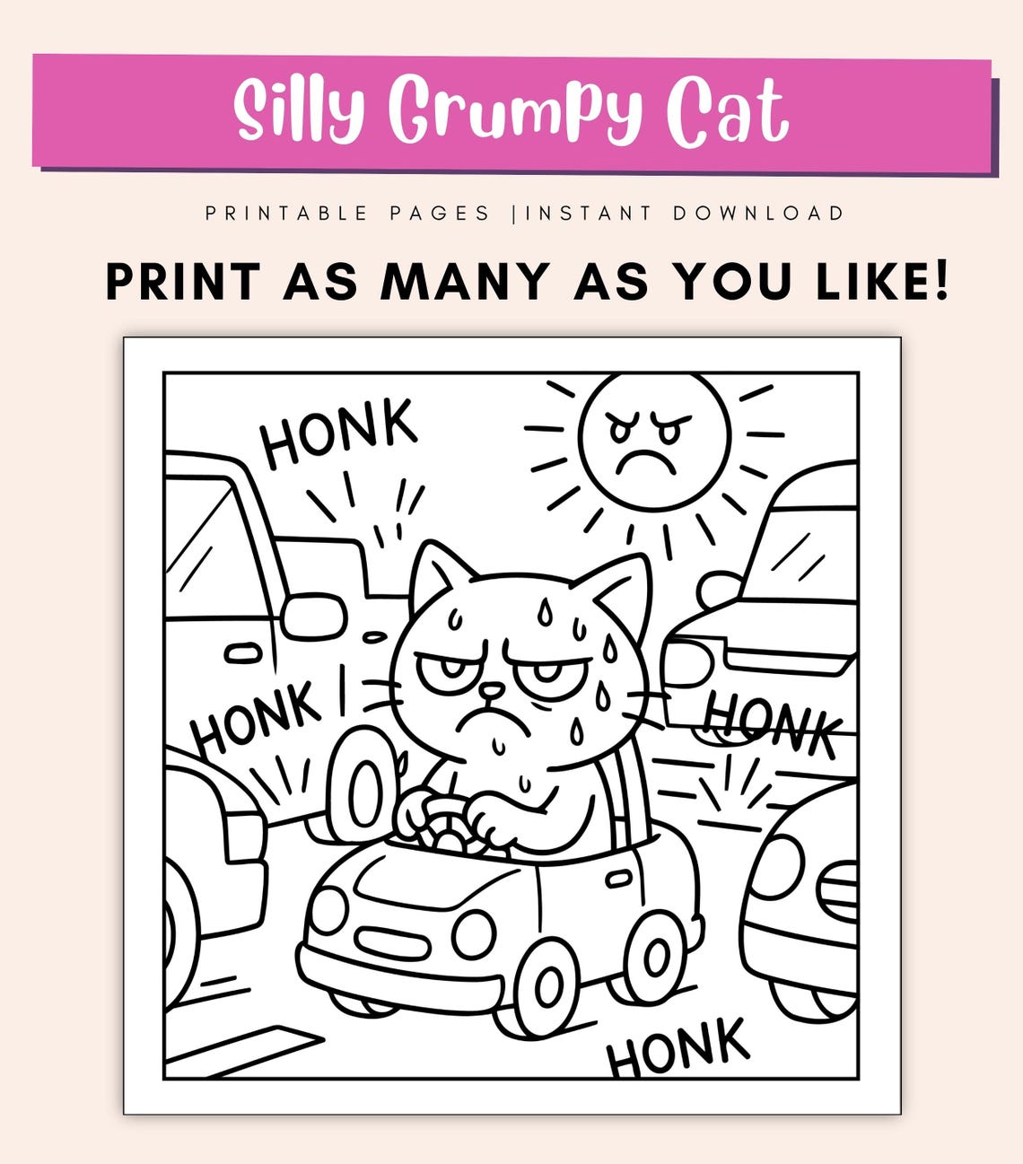 Silly Grumpy Cat Coloring Pages for Kids – Unlucky Kitty Art, Funny Pet ...