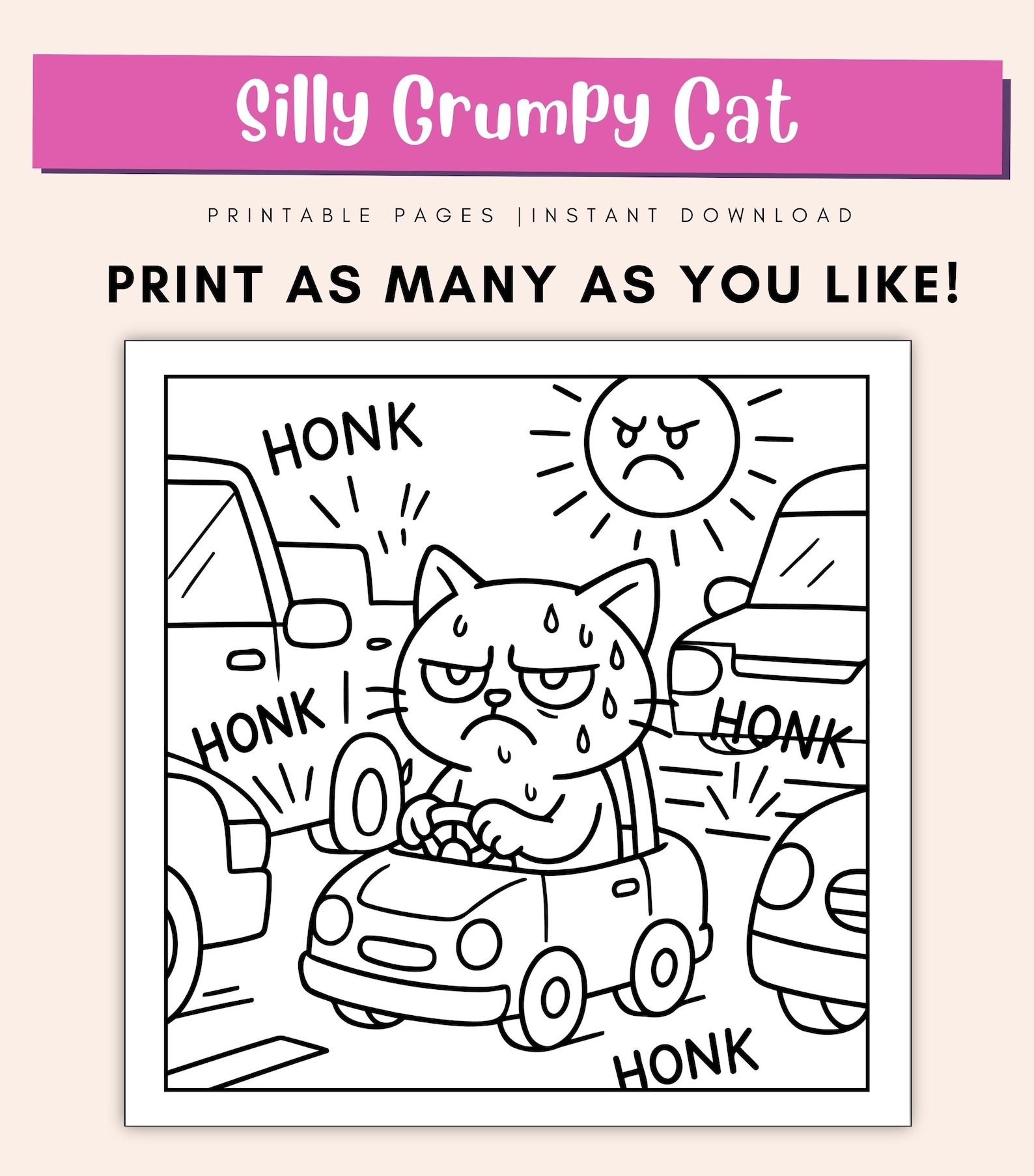 Silly Grumpy Cat Coloring Pages for Kids – Unlucky Kitty Art, Funny Pet ...