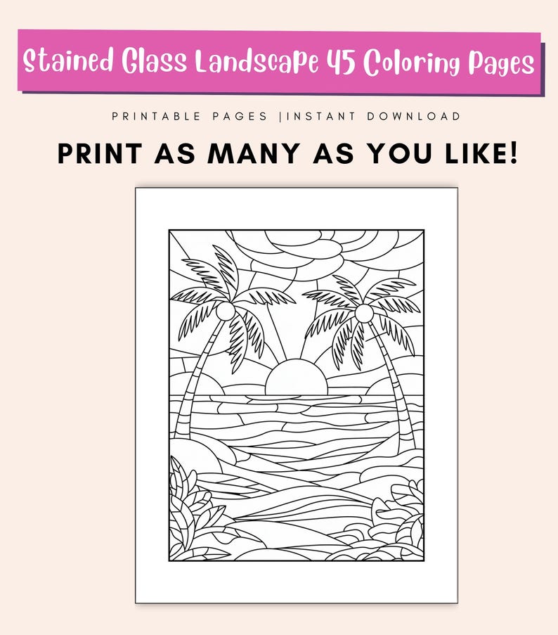 Stained Glass Landscape Coloring Pages for Kids & Adults: Printable ...