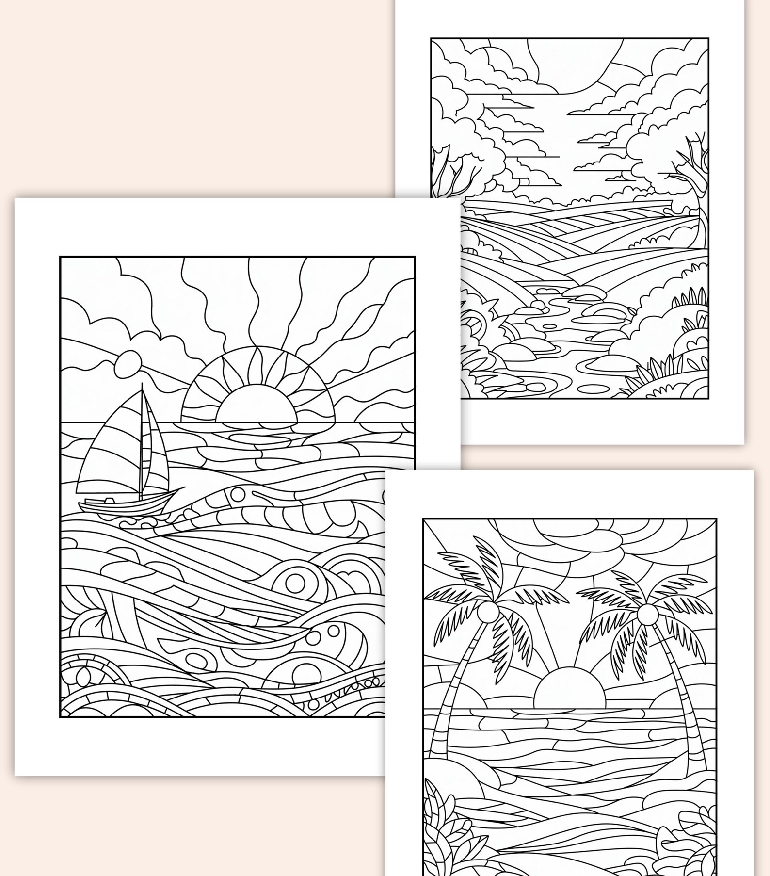 Stained Glass Landscape Coloring Pages for Kids & Adults: Printable ...