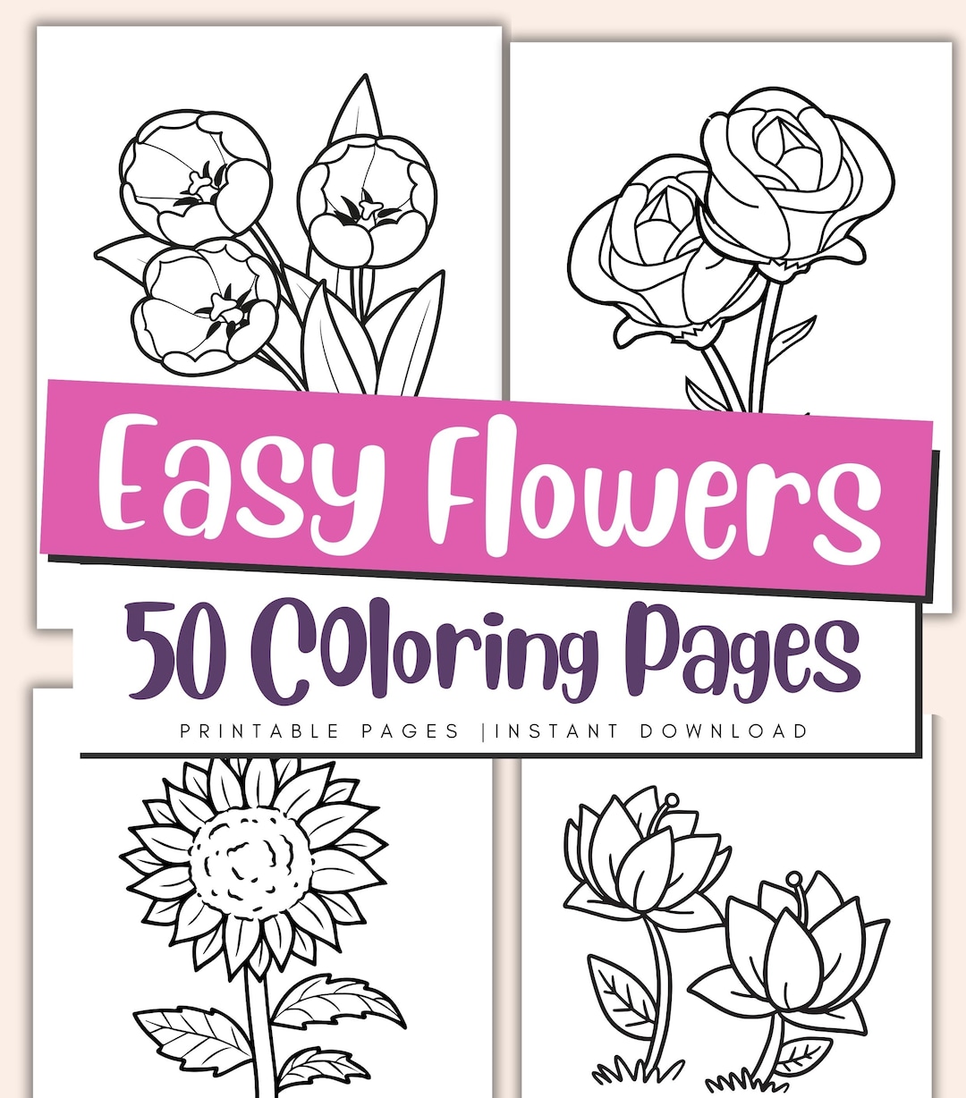 Easy Flowers Coloring Pages for Kids & Adults – Simple Toddler Floral ...