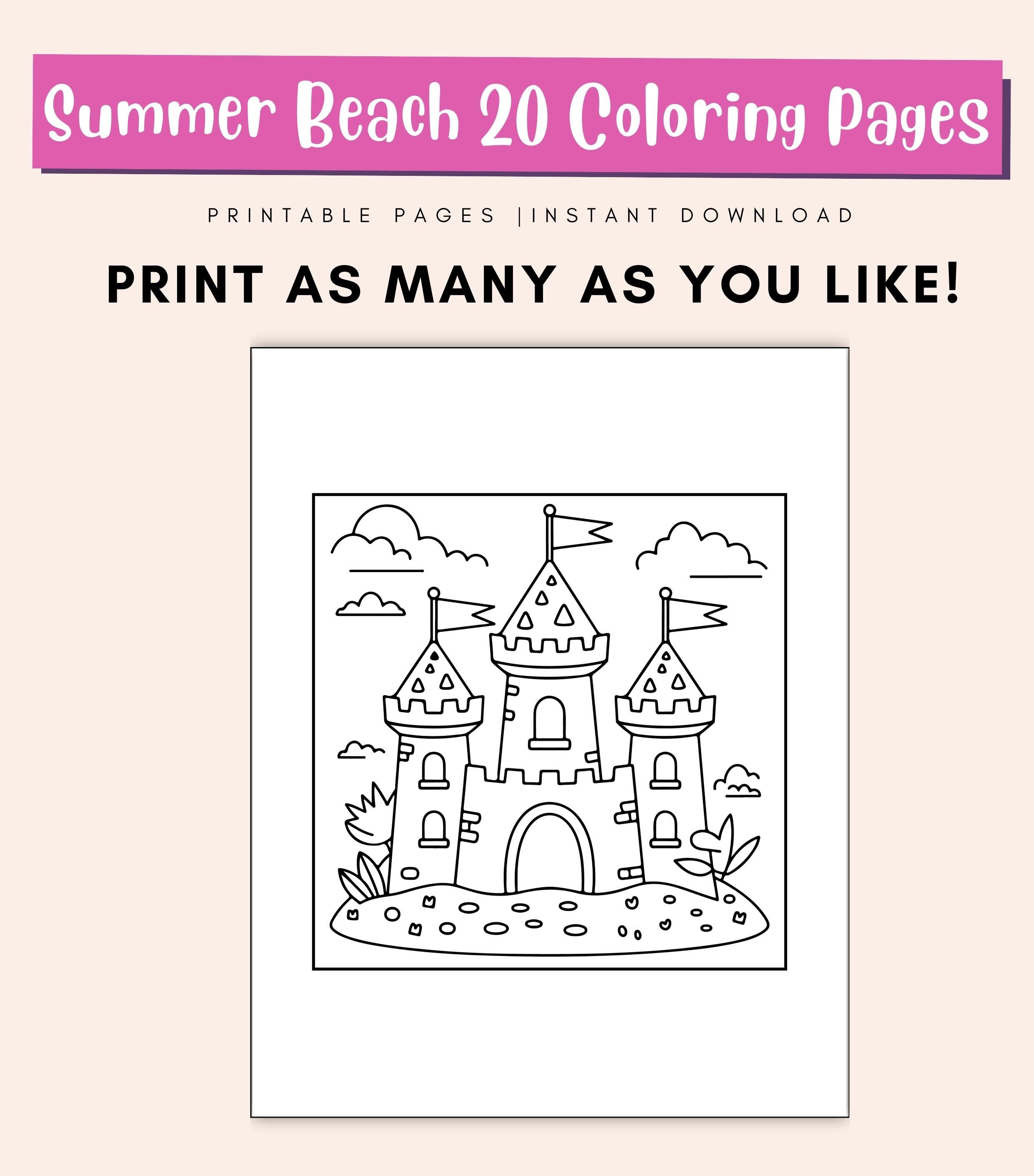 Summer Beach Coloring Pages for Kids - Summer Picnic, Sandcastles, Sun ...