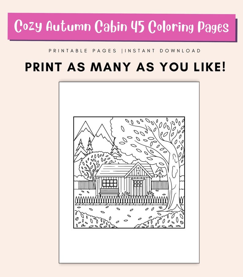 Cozy Autumn Cabin Coloring for Kids, Forest Log Cabin Coloring Book ...