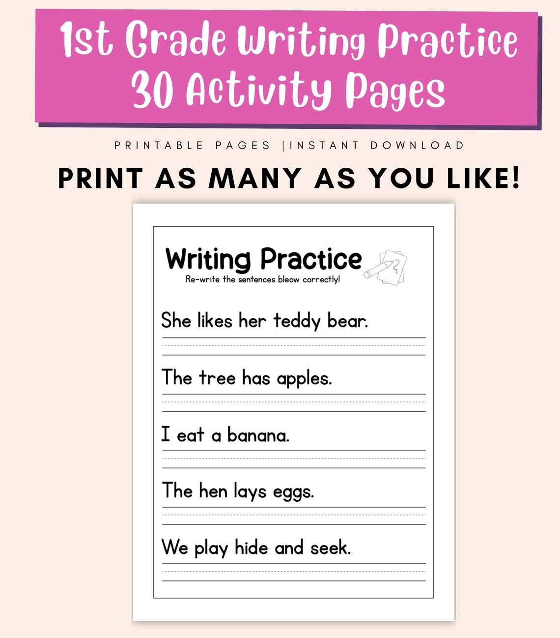 1st Grade Writing Practice Worksheets – Printable Handwriting, Sentence ...