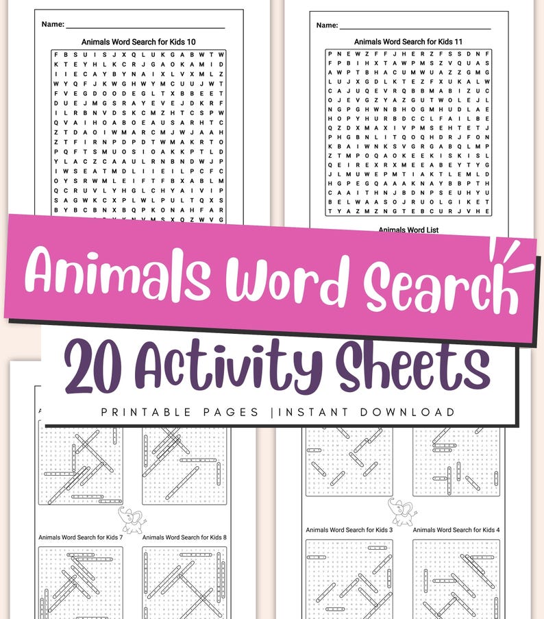 Word Search Puzzle for Kids, Printable Animals Word Search Activity ...