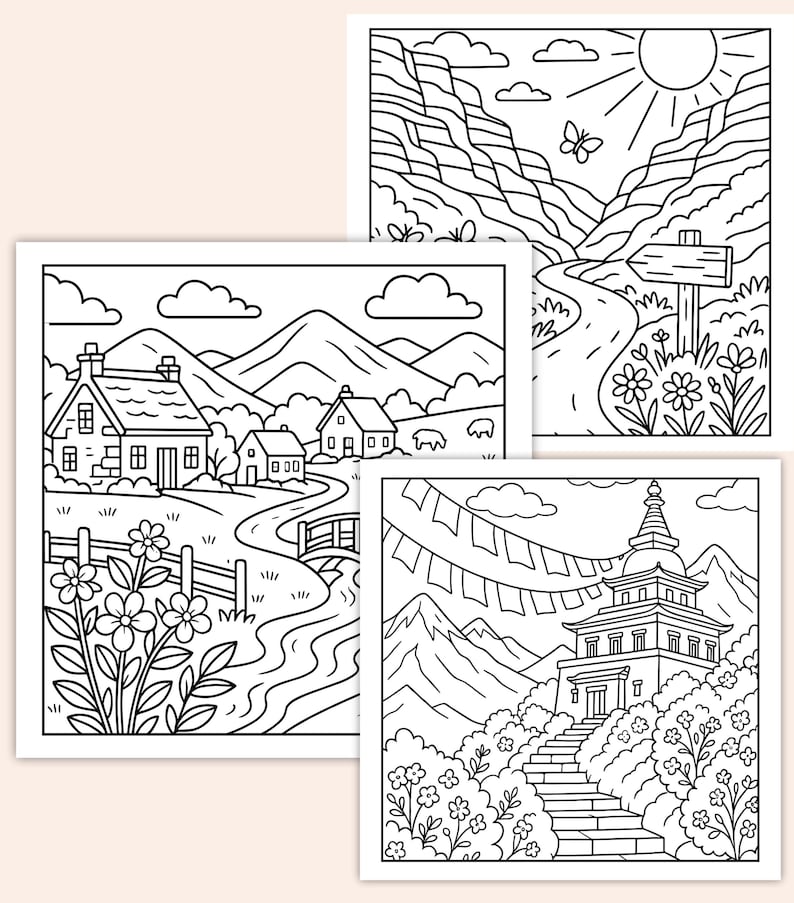 Cozy Scenery Coloring Pages for Kids & Adults – Peaceful Landscapes ...