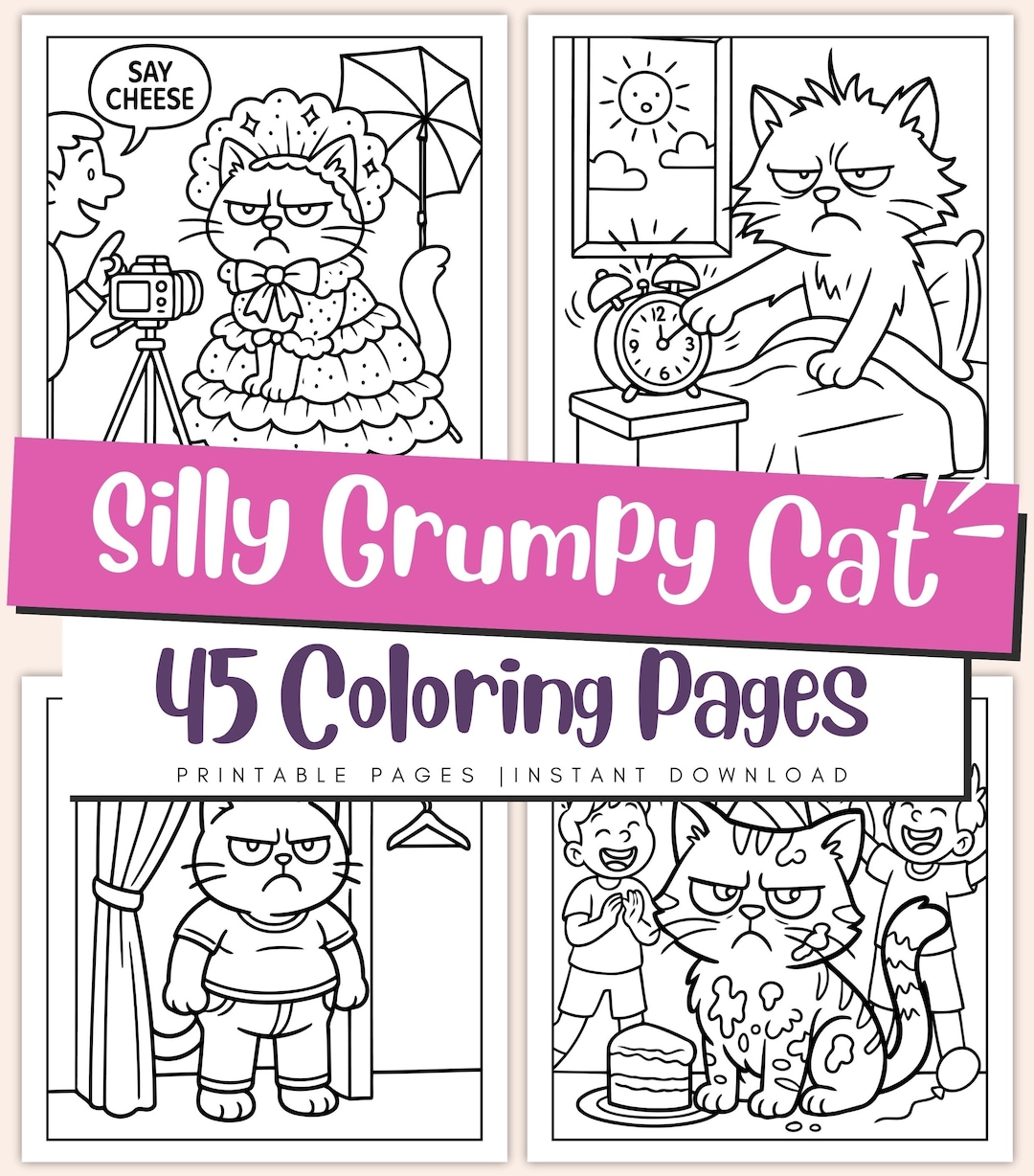 Silly Grumpy Cat Coloring Pages for Kids – Unlucky Kitty Art, Funny Pet ...
