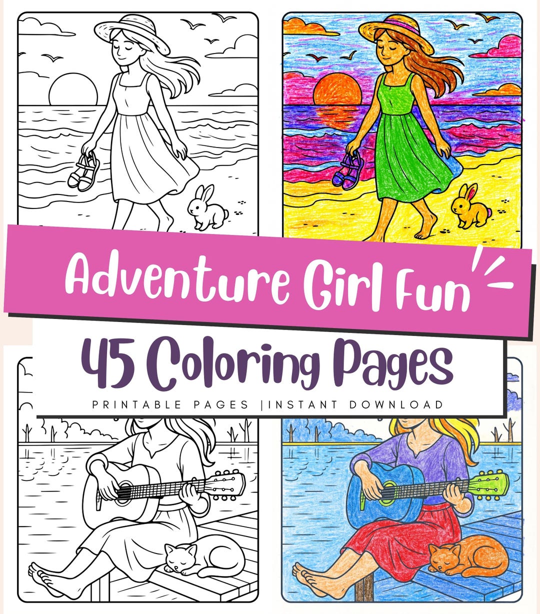 Girl Adventure Coloring Pages for Adults & Kids – Fun Outdoor Scenes ...
