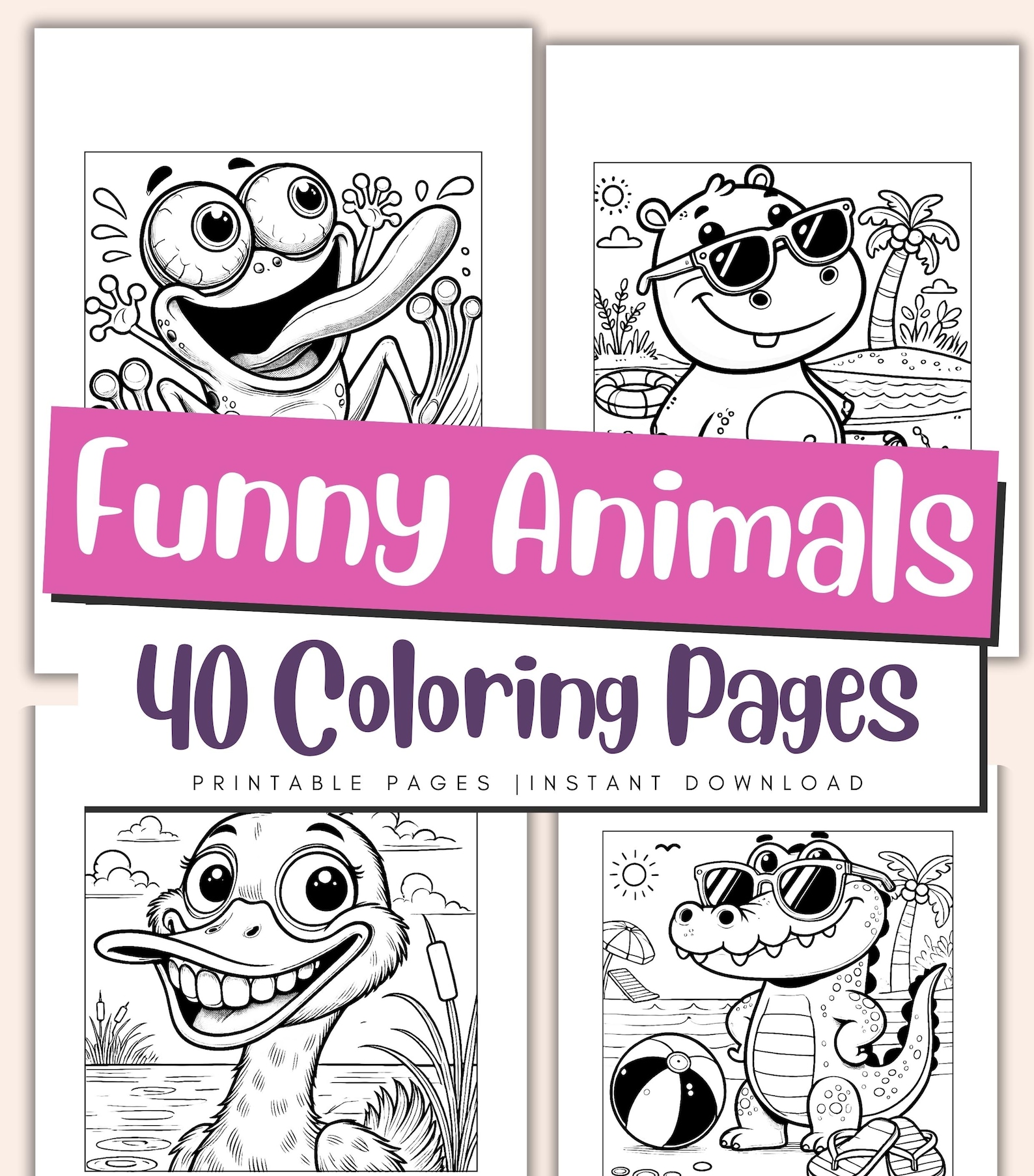 Funny Animals Coloring Pages for Kids, Printable Instant Download ...