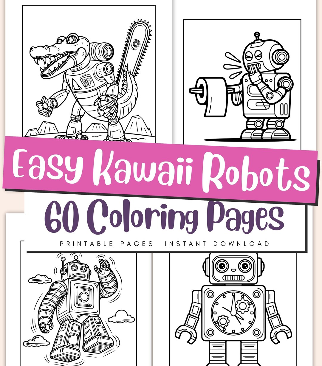 Easy Kawaii Robots Coloring Pages for Kids, Cute Coloring Book ...