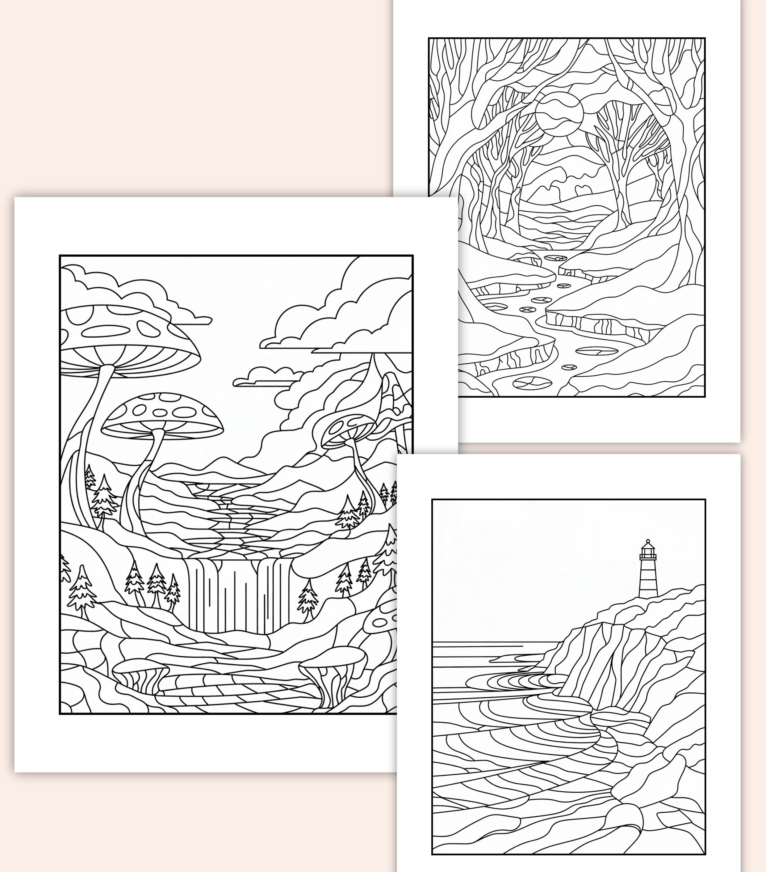 Stained Glass Landscape Coloring Pages for Kids & Adults: Printable ...