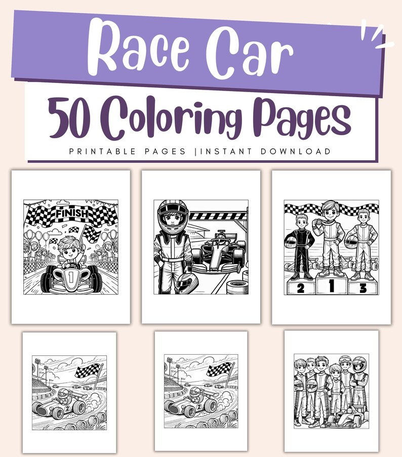 Race Car Printable Coloring Pages for Kids, Birthday Party Car Theme ...