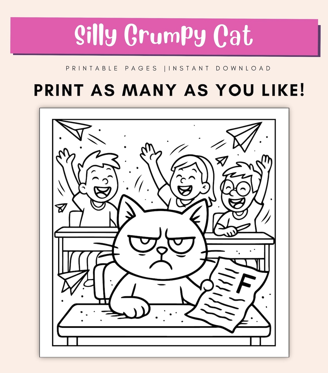 Silly Grumpy Cat Coloring Pages for Kids – Unlucky Kitty Art, Funny Pet ...