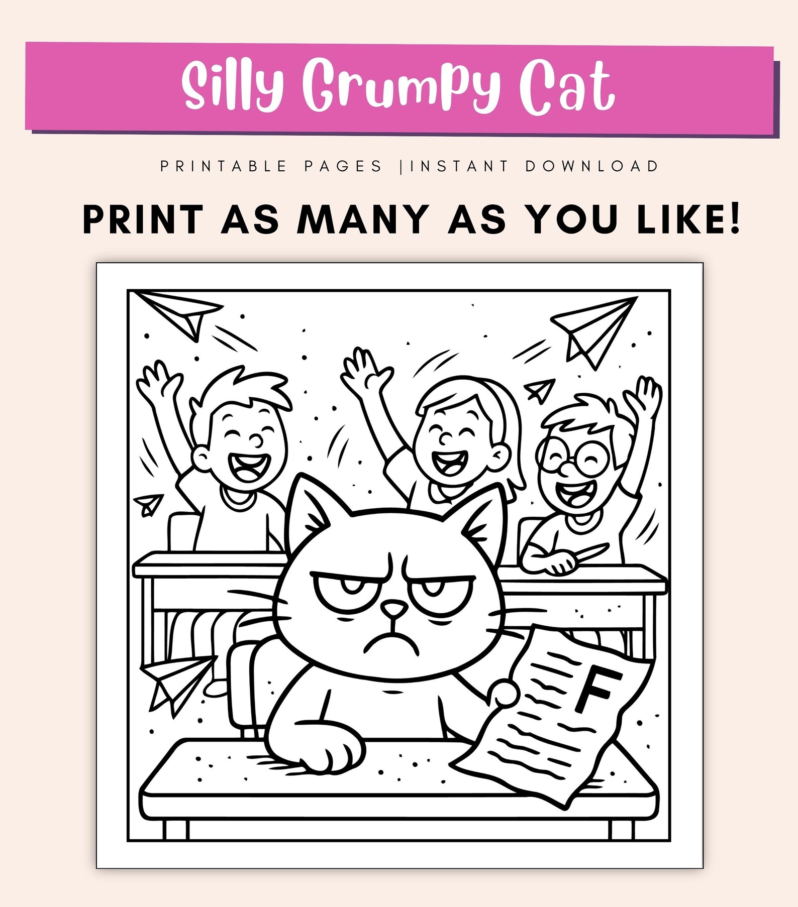 Silly Grumpy Cat Coloring Pages for Kids – Unlucky Kitty Art, Funny Pet ...