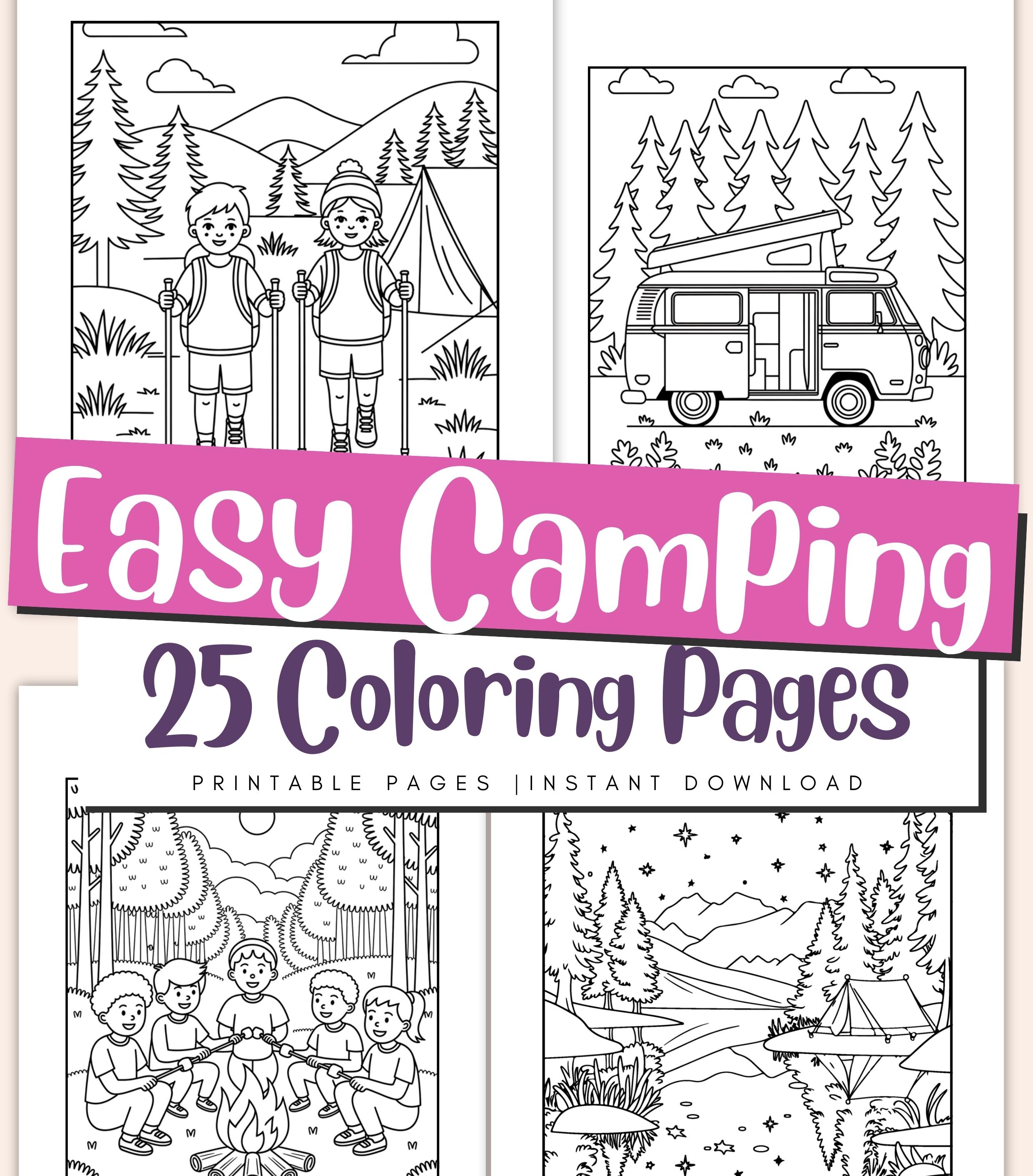 Easy Camping Coloring Pages for Kids, Cute Camp Coloring Book, Kids ...
