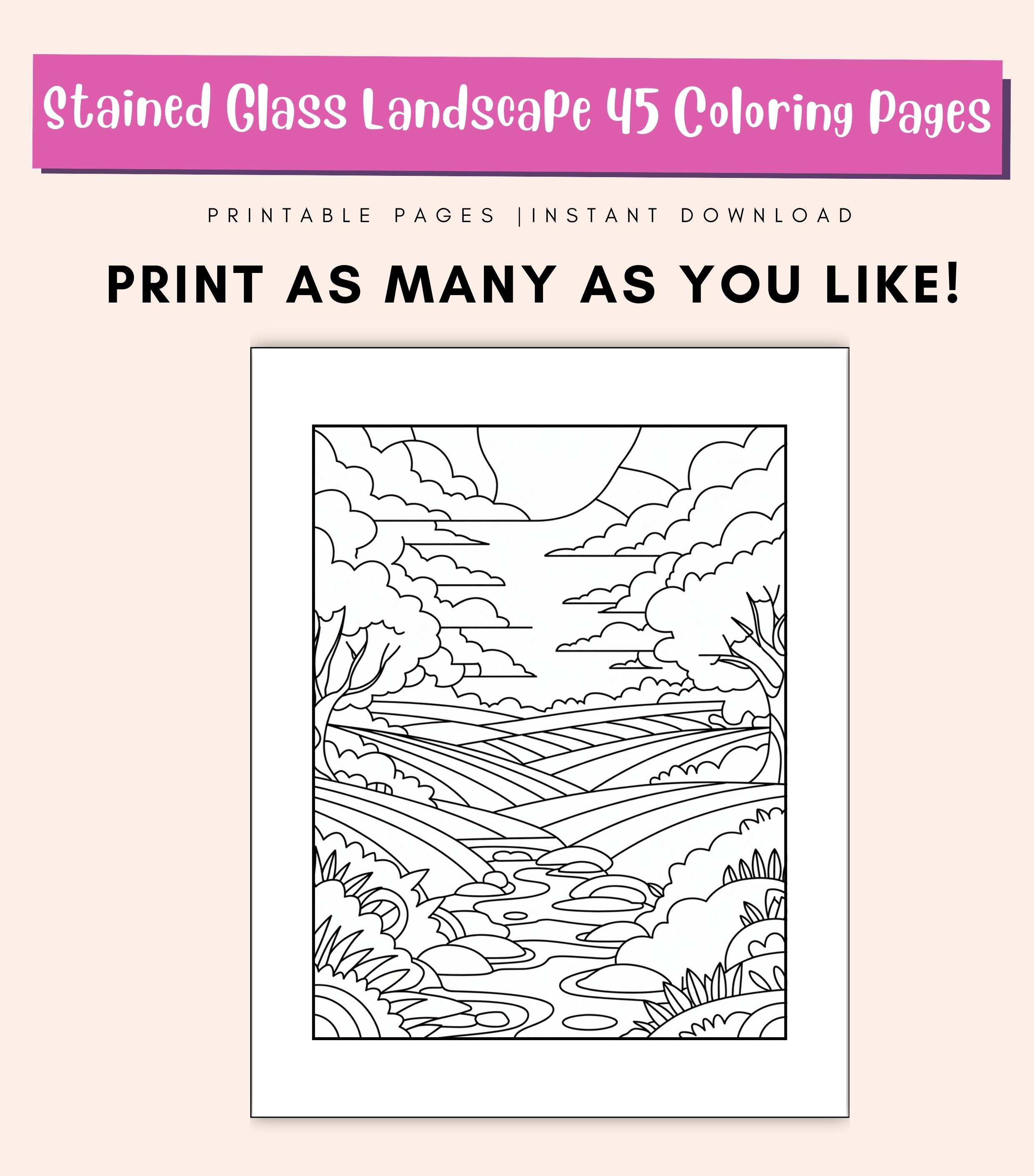Stained Glass Landscape Coloring Pages for Kids & Adults: Printable ...