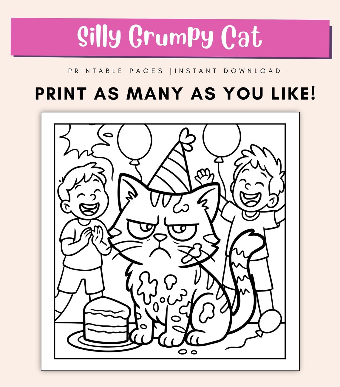Silly Grumpy Cat Coloring Pages for Kids – Unlucky Kitty Art, Funny Pet ...