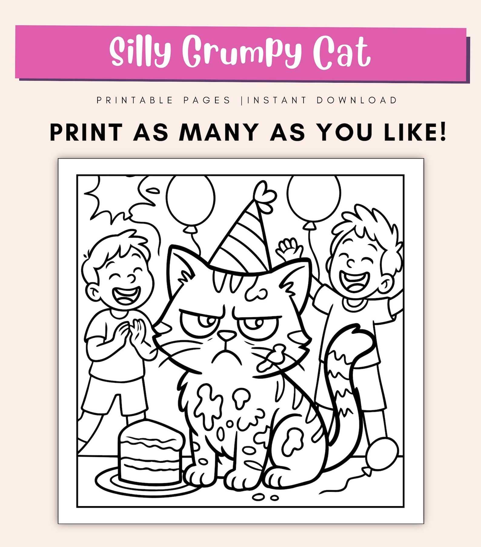 Silly Grumpy Cat Coloring Pages for Kids – Unlucky Kitty Art, Funny Pet ...